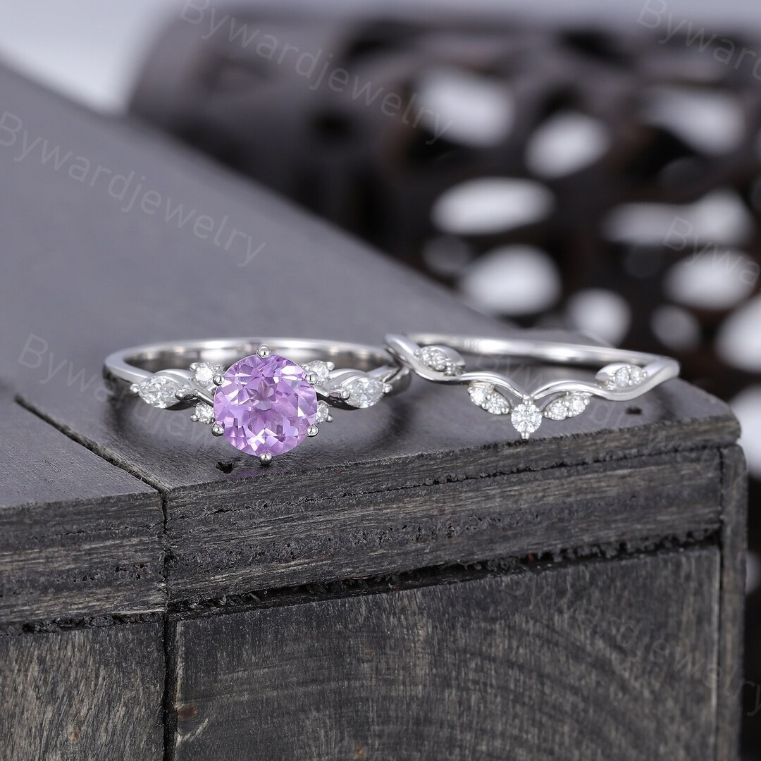 Vintage Amethyst Engagement Ring Set Unique White Gold Engagement Ring ...