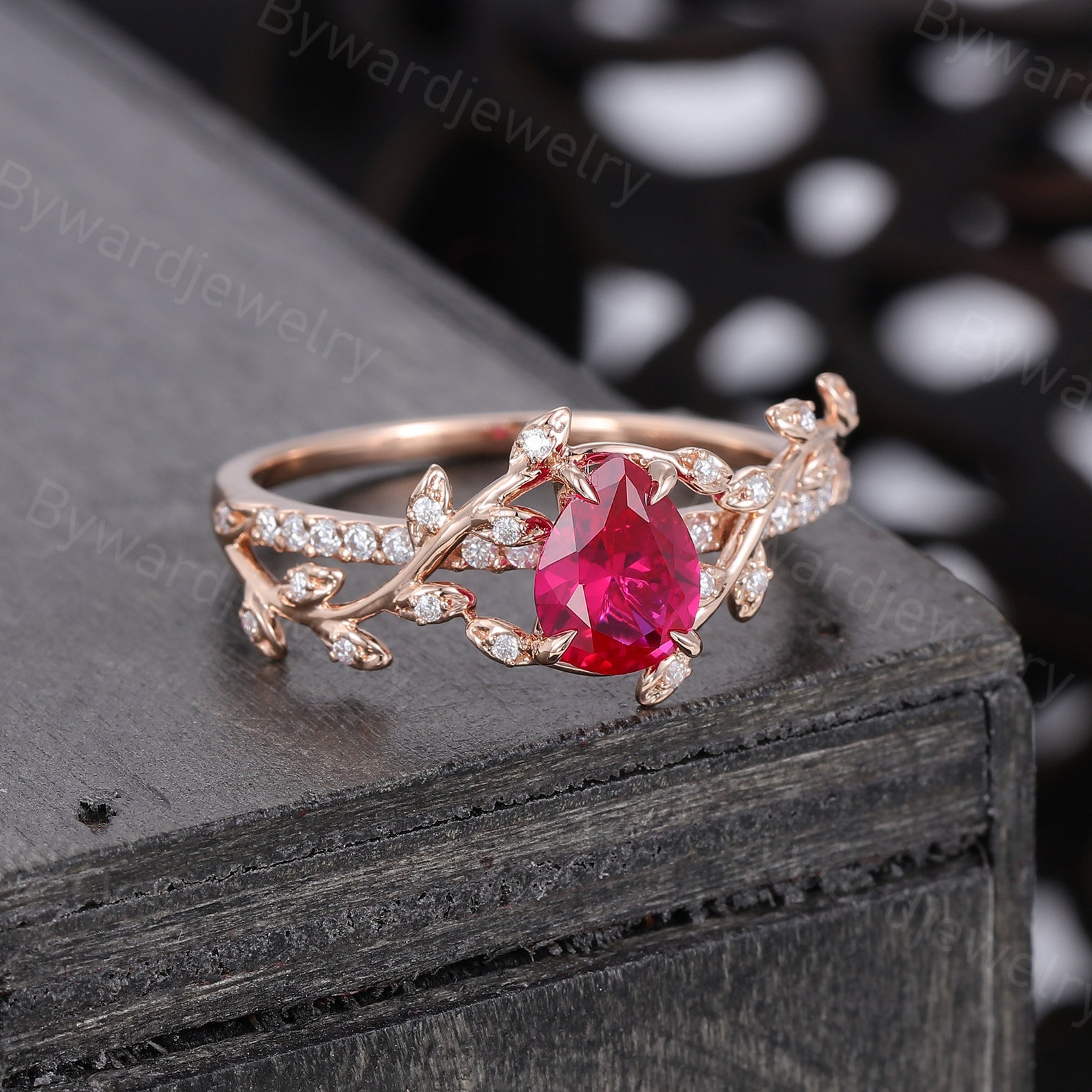 Pear Shaped Ruby Engagement Ring Unique Leaf Rose Gold - Etsy