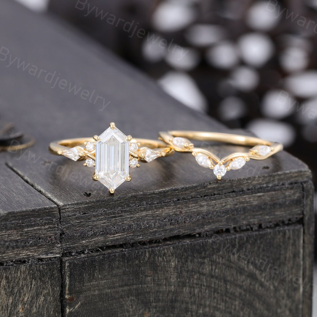 Elongated Hexagon Moissanite Engagement Ring Set Unique Kite Cut ...