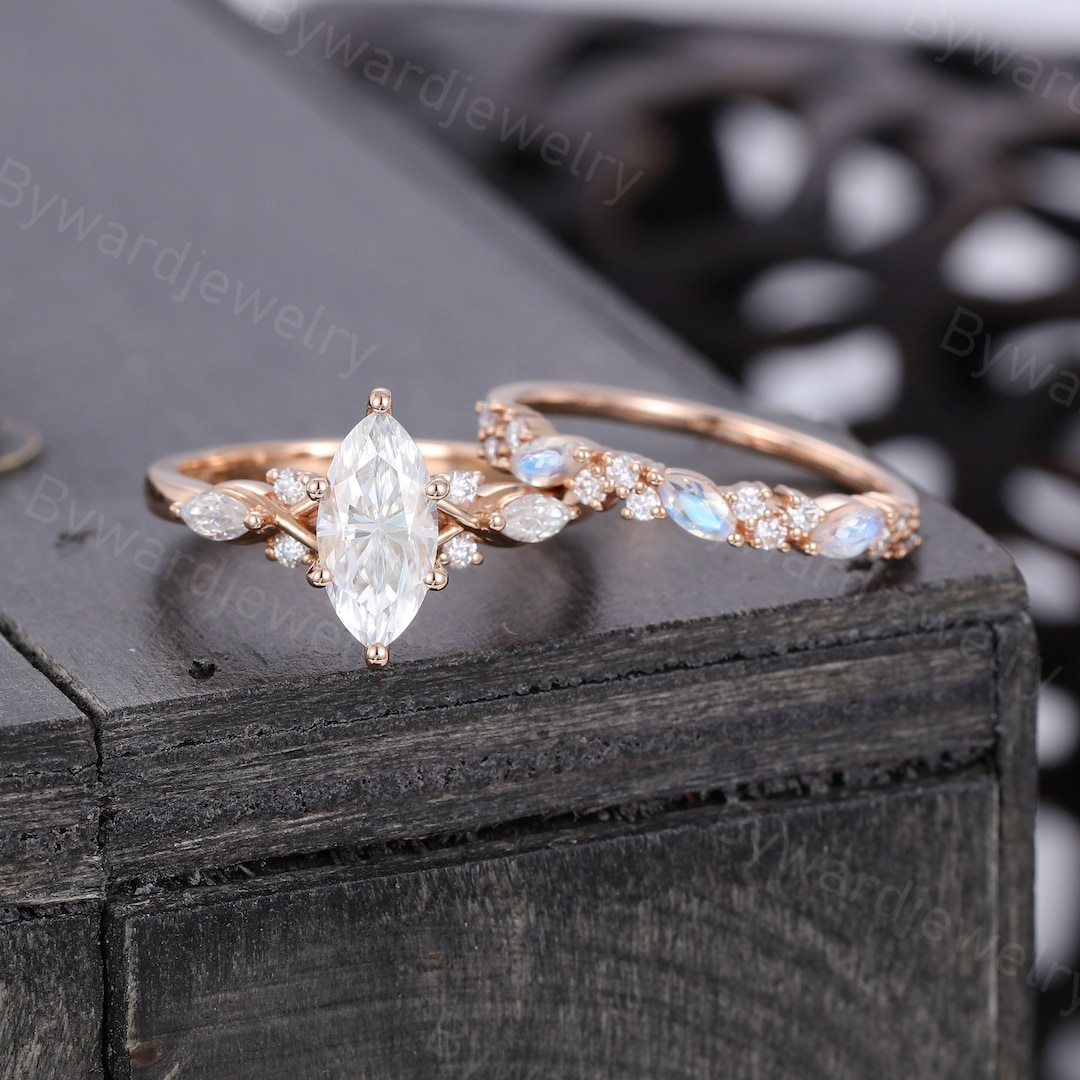 Marquise Cut Moissanite Engagement Ring Set Unique Rose Gold Marquise ...