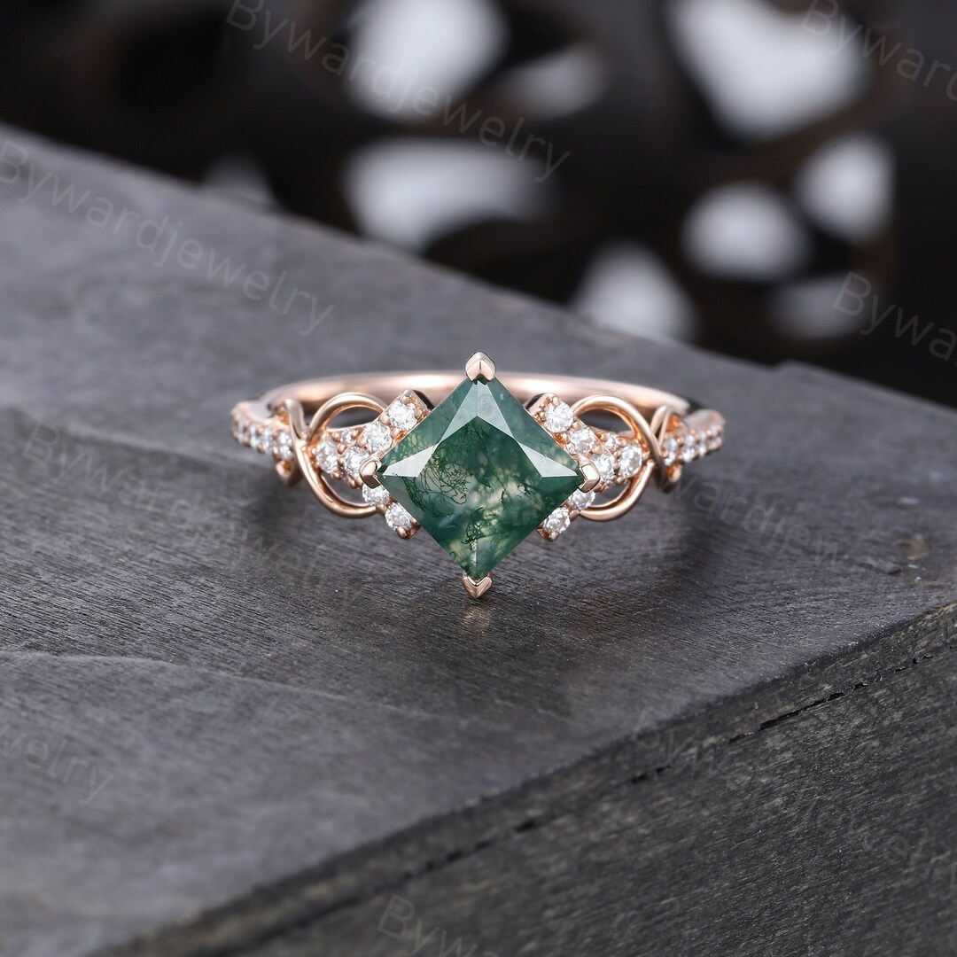 Princess Cut Moss Agate Engagement Ring Unique Rose Gold - Etsy Canada