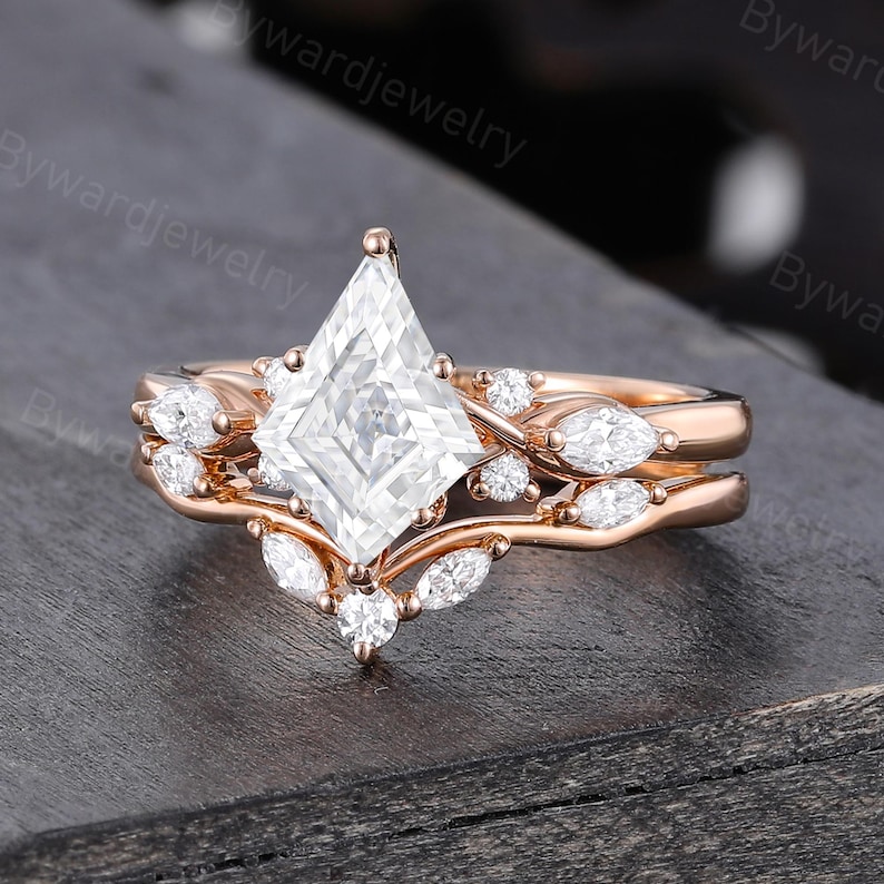 1.5CT Kite Cut Moissanite Engagement Ring Set Unique Rose Gold Marquise ...