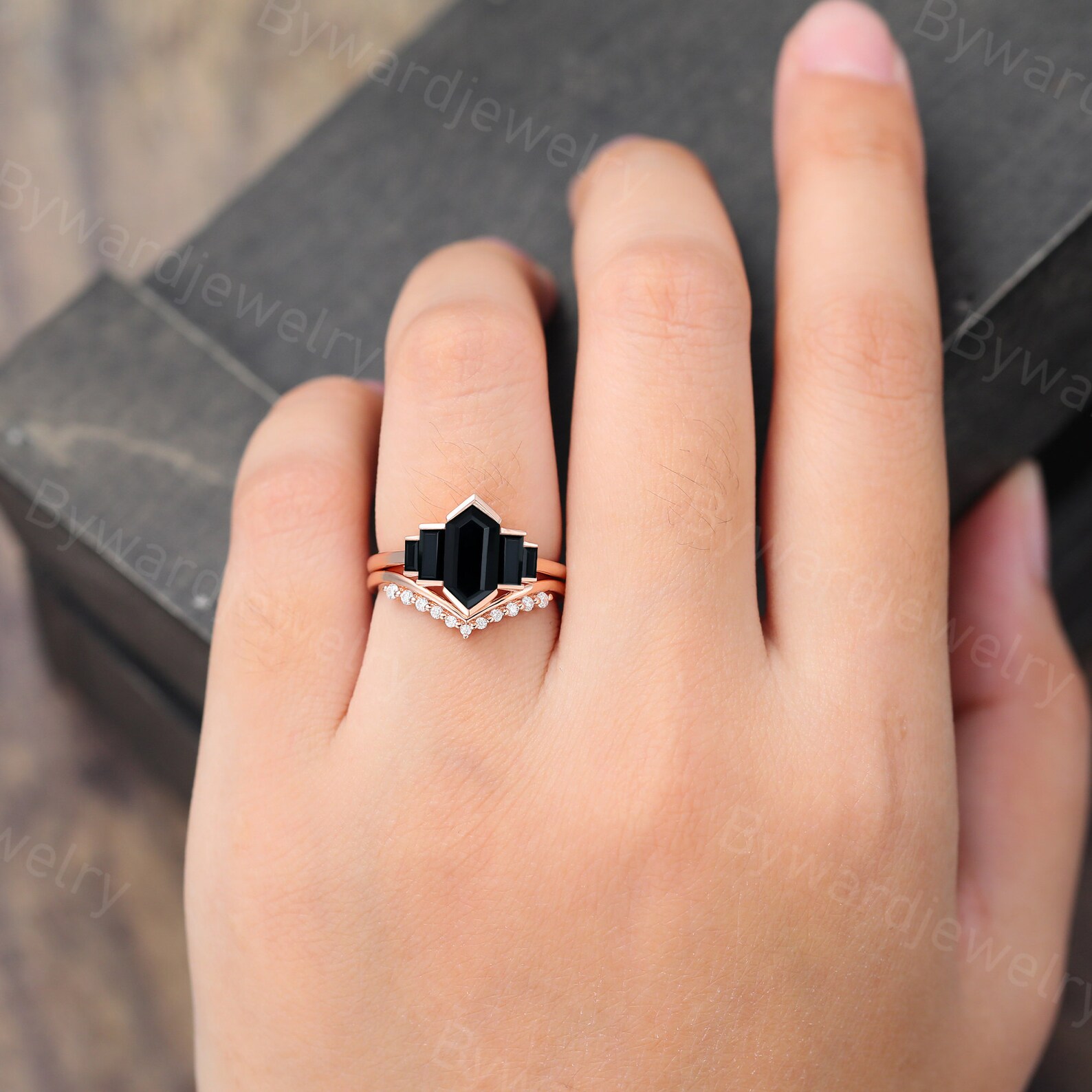 Long Hexagon Cut Black Onyx Engagement Ring Set Unique Rose Gold Ring ...