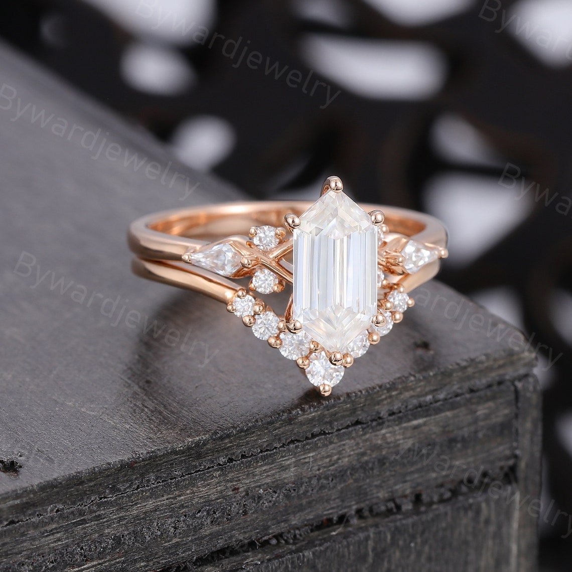 Elongated Hexagon Cut Moissanite Engagement Ring Set Unique - Etsy