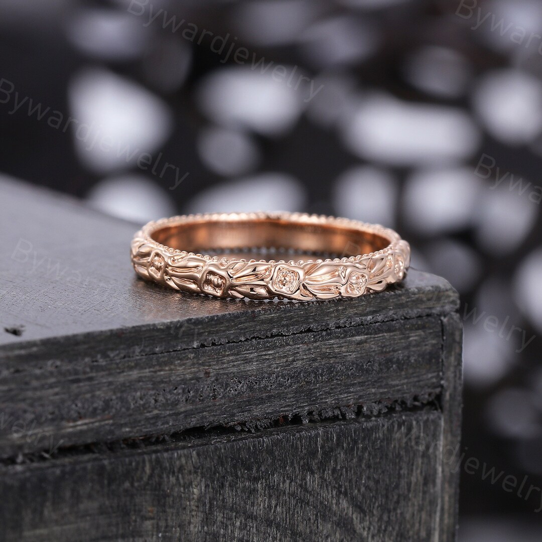 Unique Flower Rose Gold Wedding Band Delicate Woman Wedding Band Art ...