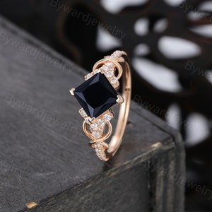 Princess Cut Black Onyx Engagement Ring Unique Rose Gold Ring Diamond ...
