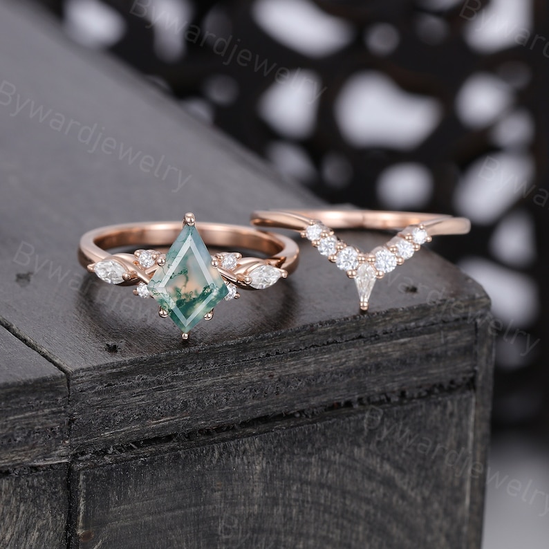 Kite Cut Moss Agate Engagement Ring Set Women Rose Gold - Etsy Canada