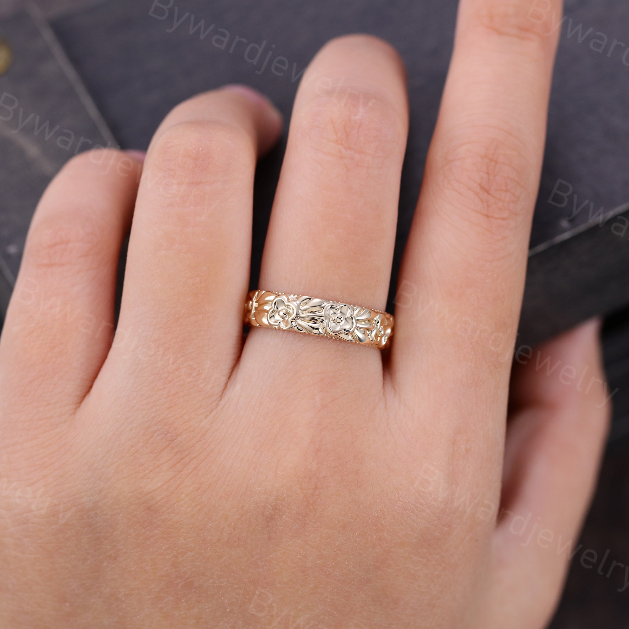 Unique Width 5MM Yellow Gold Wedding Band Delicate Woman Flower Wedding ...