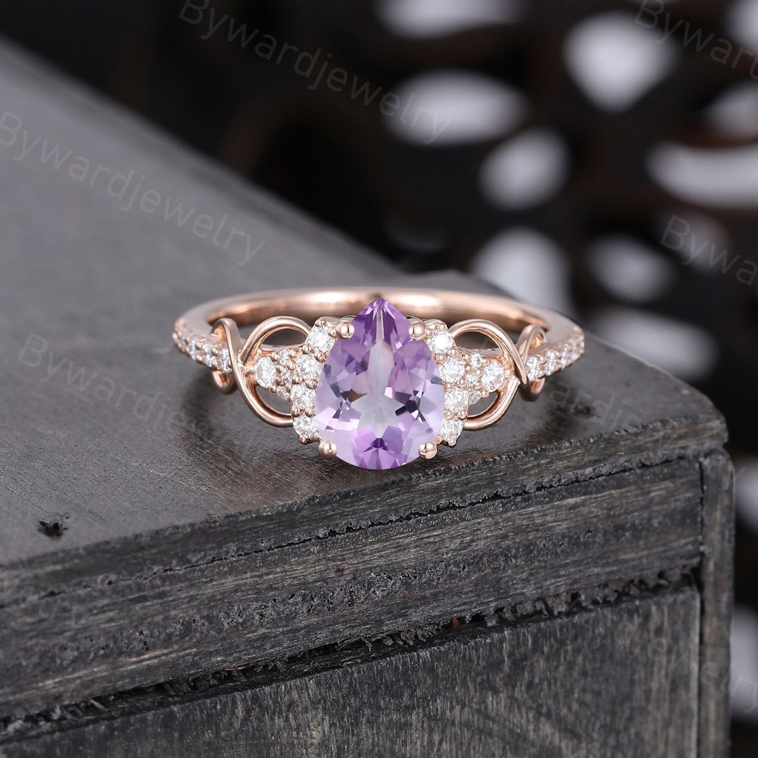 Pear Shaped Amethyst Engagement Ring Unique 14k Rose Gold Diamond Ring ...