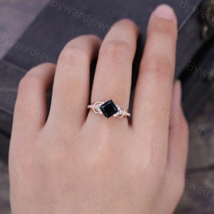 Princess Cut Black Onyx Engagement Ring Unique Rose Gold Ring Diamond ...