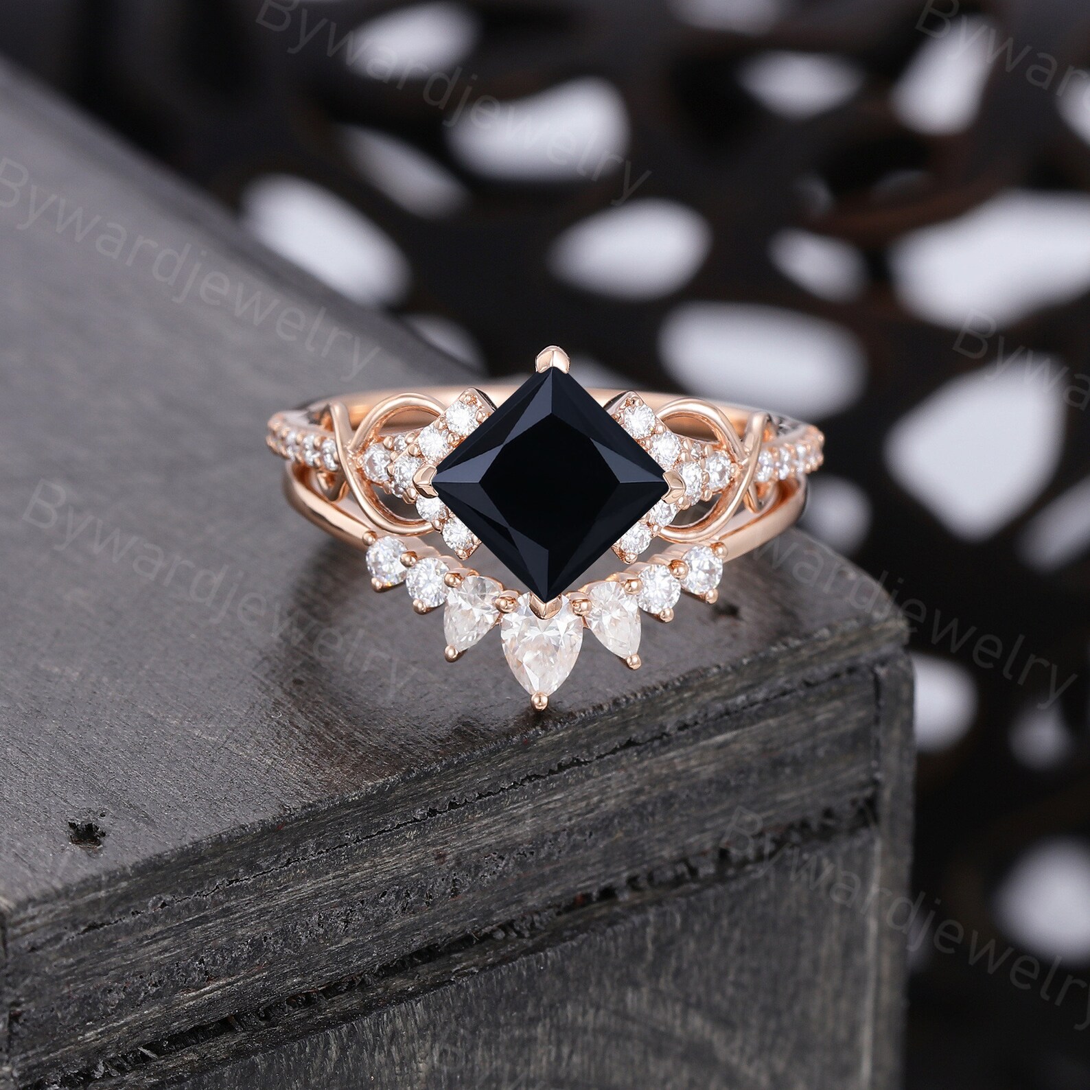 Princess Cut Black Onyx Engagement Ring Set Unique Rose Gold - Etsy