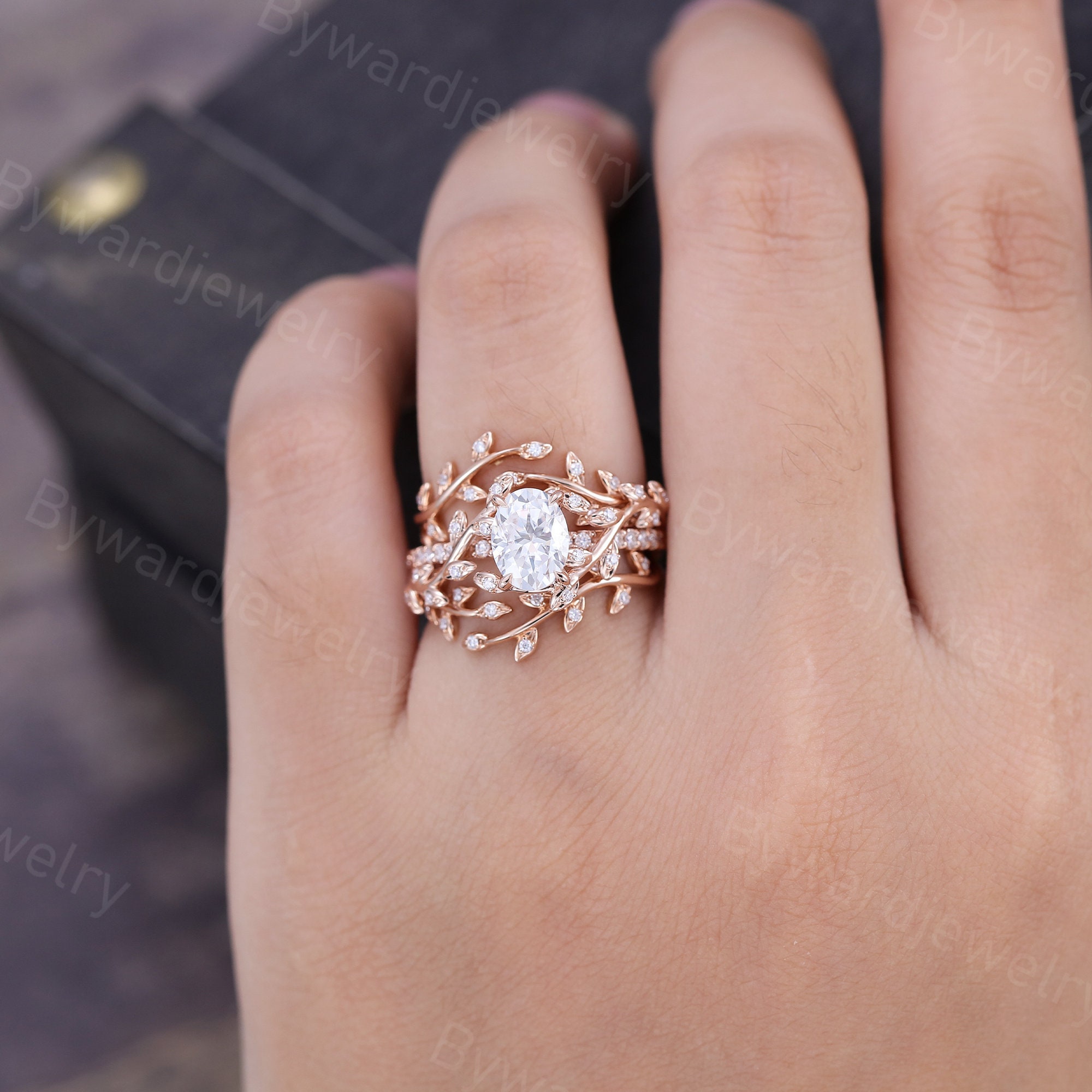 Leaf Oval Cut Moissanite Engagement Ring Set 14k Rose Gold - Etsy