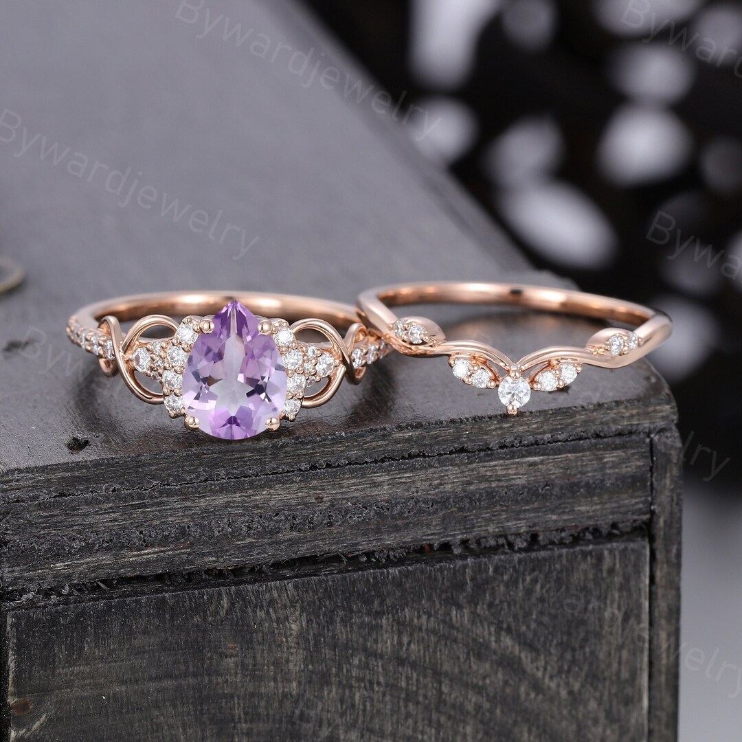 Pear Shaped Amethyst Engagement Ring Set Unique 14k Rose Gold Diamond ...