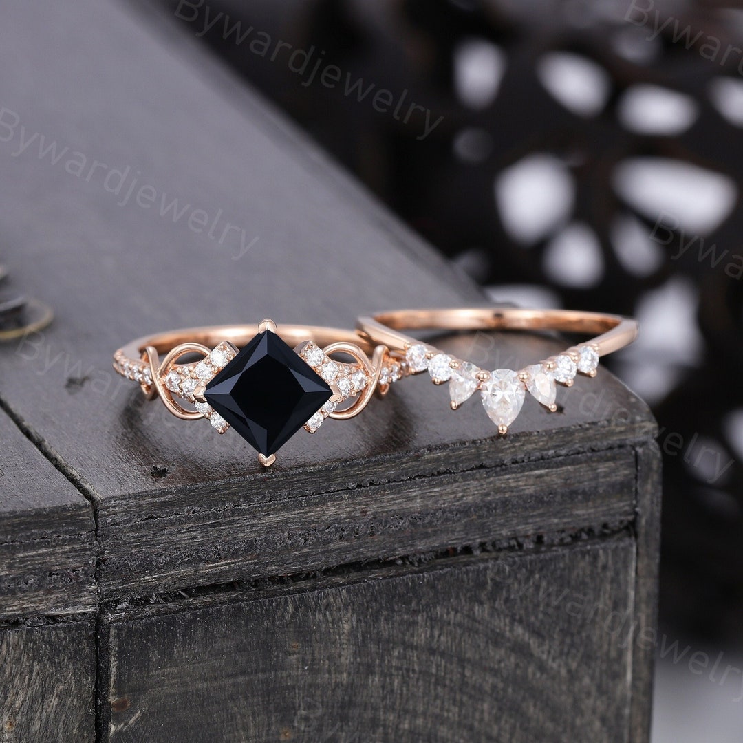 Princess Cut Black Onyx Engagement Ring Set Unique Rose Gold Moissanite ...