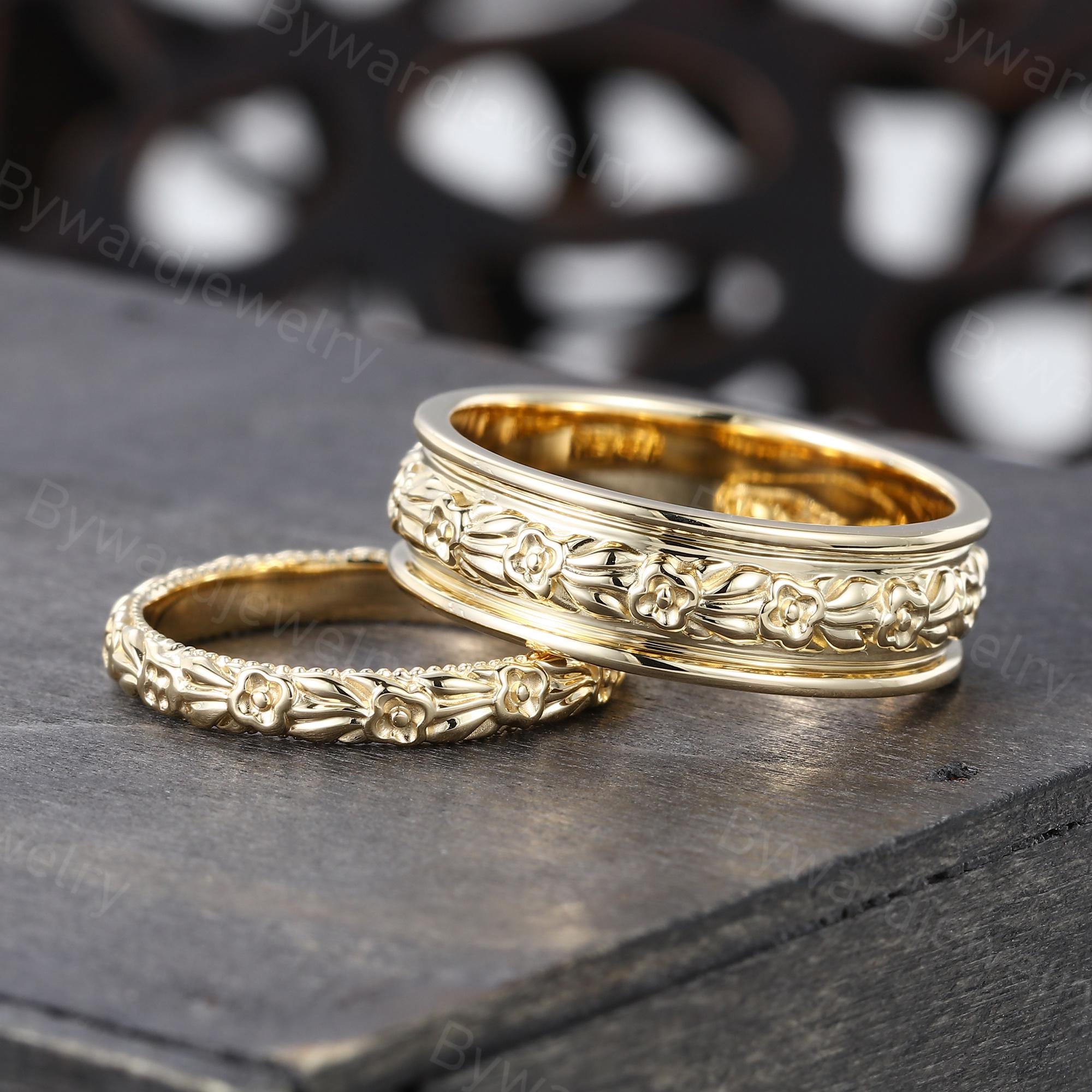 Couples Ring Set Solid Yellow Gold Filigree Wedding Rings Set Unique ...