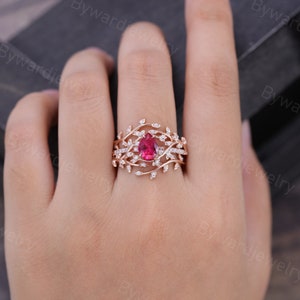 Pear Shaped Ruby Engagement Ring Set Unique Leaf Rose Gold Ring Moissanite Ring Twig Band ...