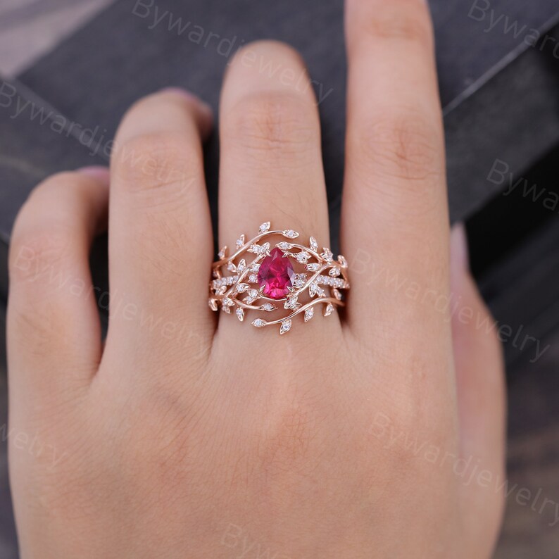 Pear Shaped Ruby Engagement Ring Set Unique Leaf Rose Gold Ring ...