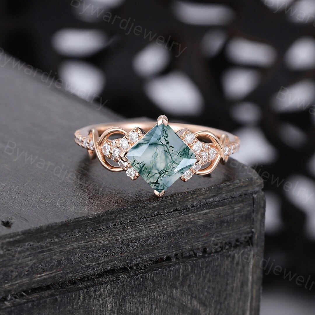 Princess Cut Moss Agate Engagement Ring Unique Rose Gold Moissanite ...