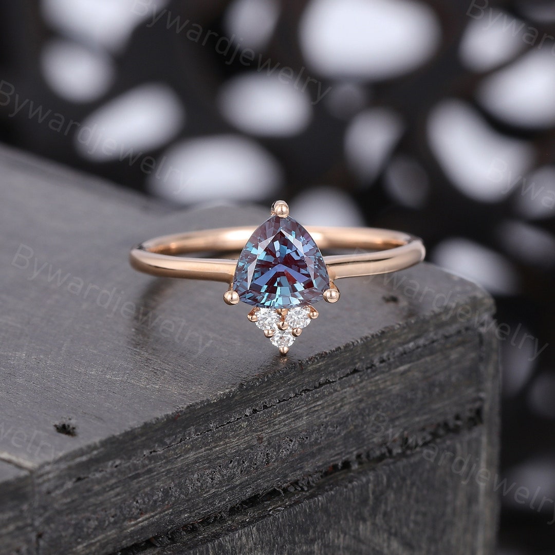Triangle Cut Alexandrite Engagement Ring Unique Rose Gold Engagement ...