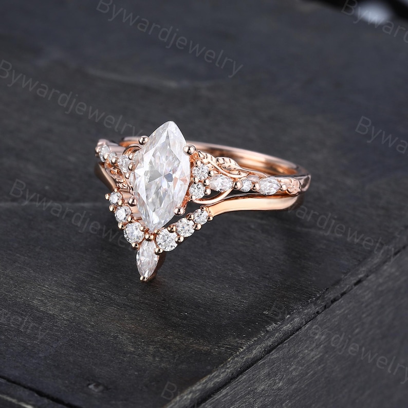 Marquise Cut Moissanite Engagement Ring Set Unique Bridal Set Rose Gold ...