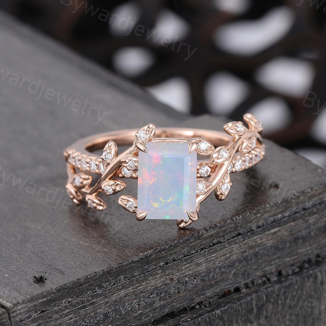 Emerald Cut Opal Engagement Ring Vintage Leaf Ring Rose Gold Moissanite Ring Diamond Ring ...