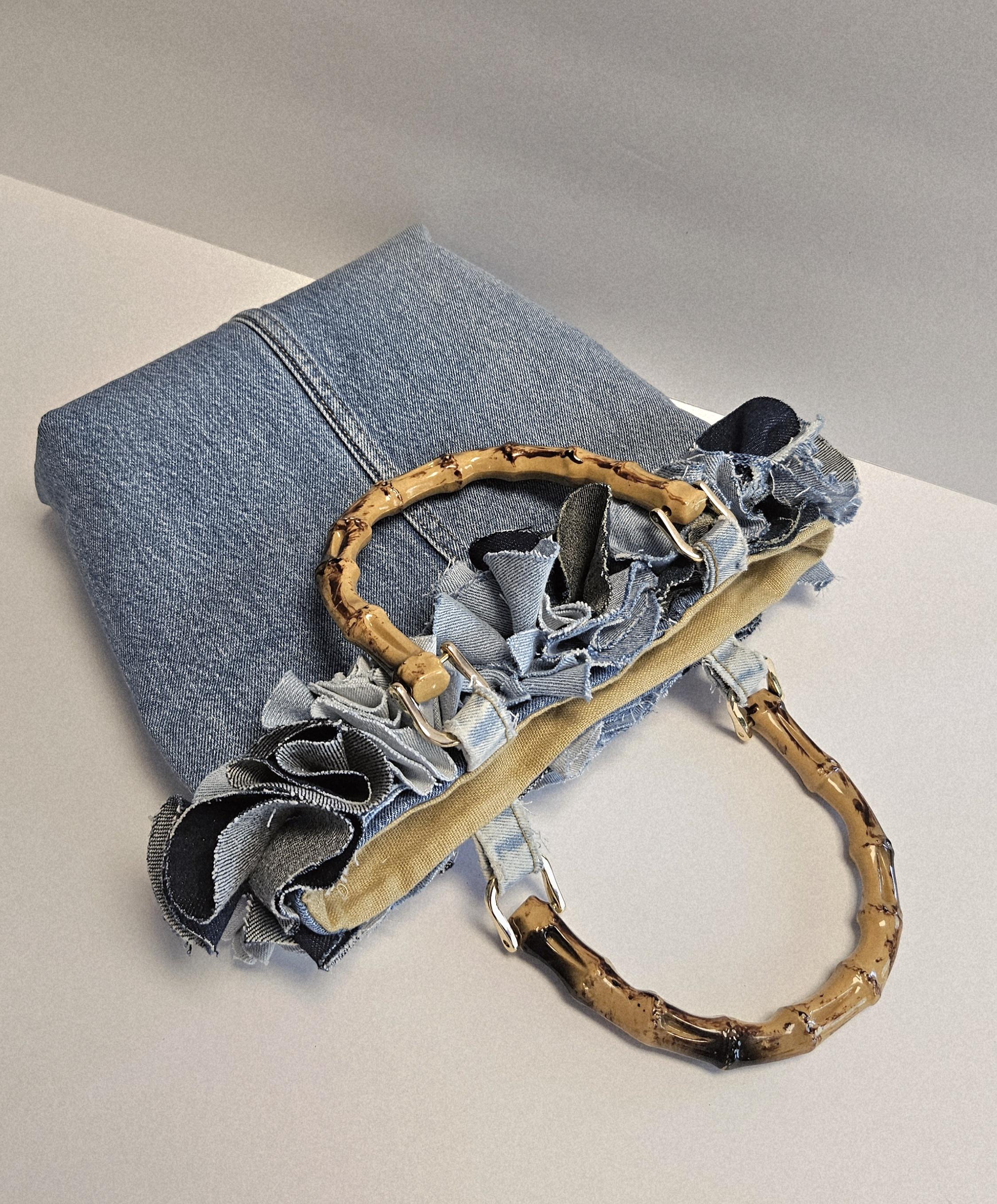 Upcycled Denim Bag: Handmade Linen Lined Floral Purse, Ruffled Flowers ...