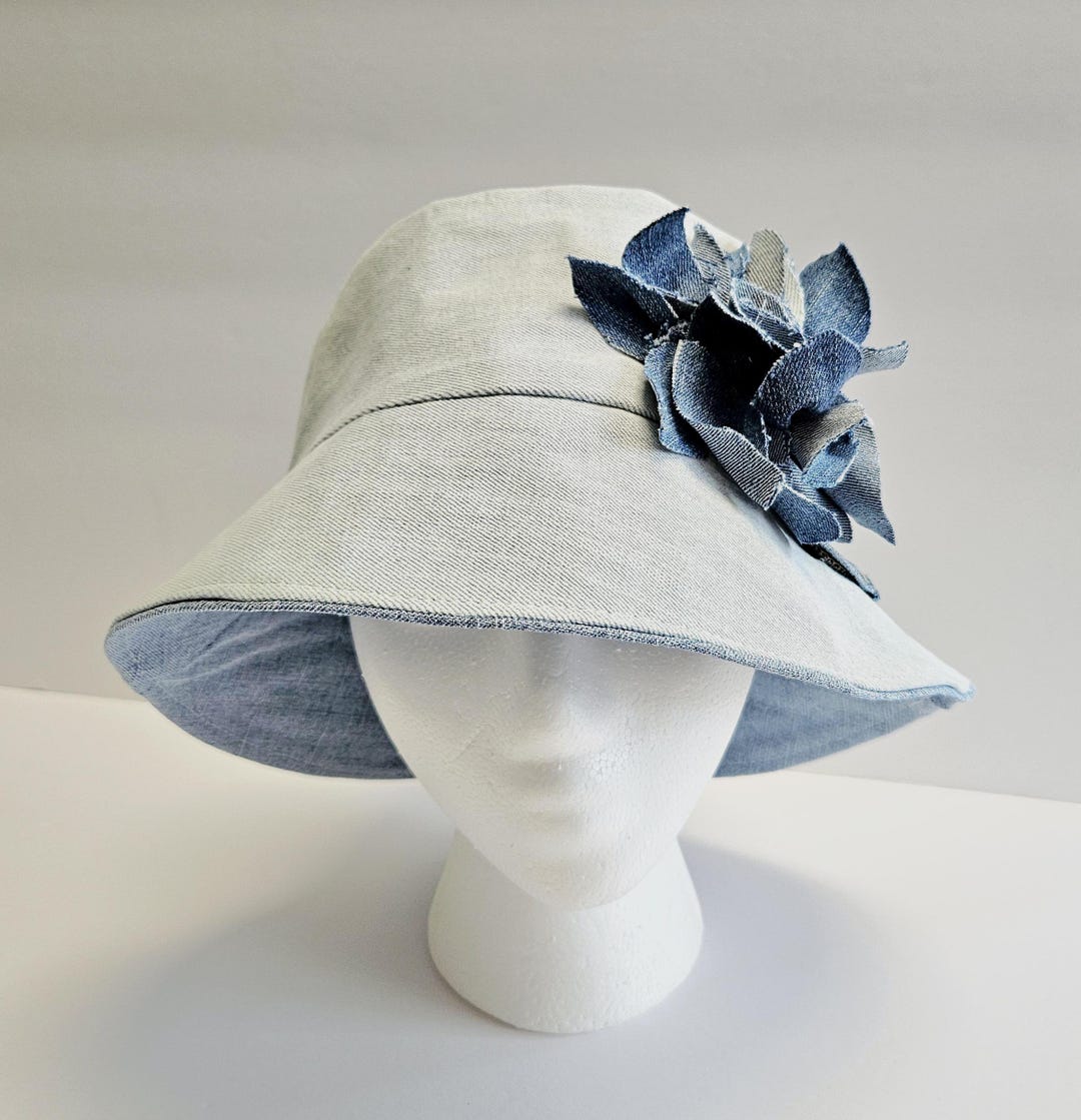 Upcycled Denim Bucket Hat: Handmade Flower, Lightweight Cotton - Etsy