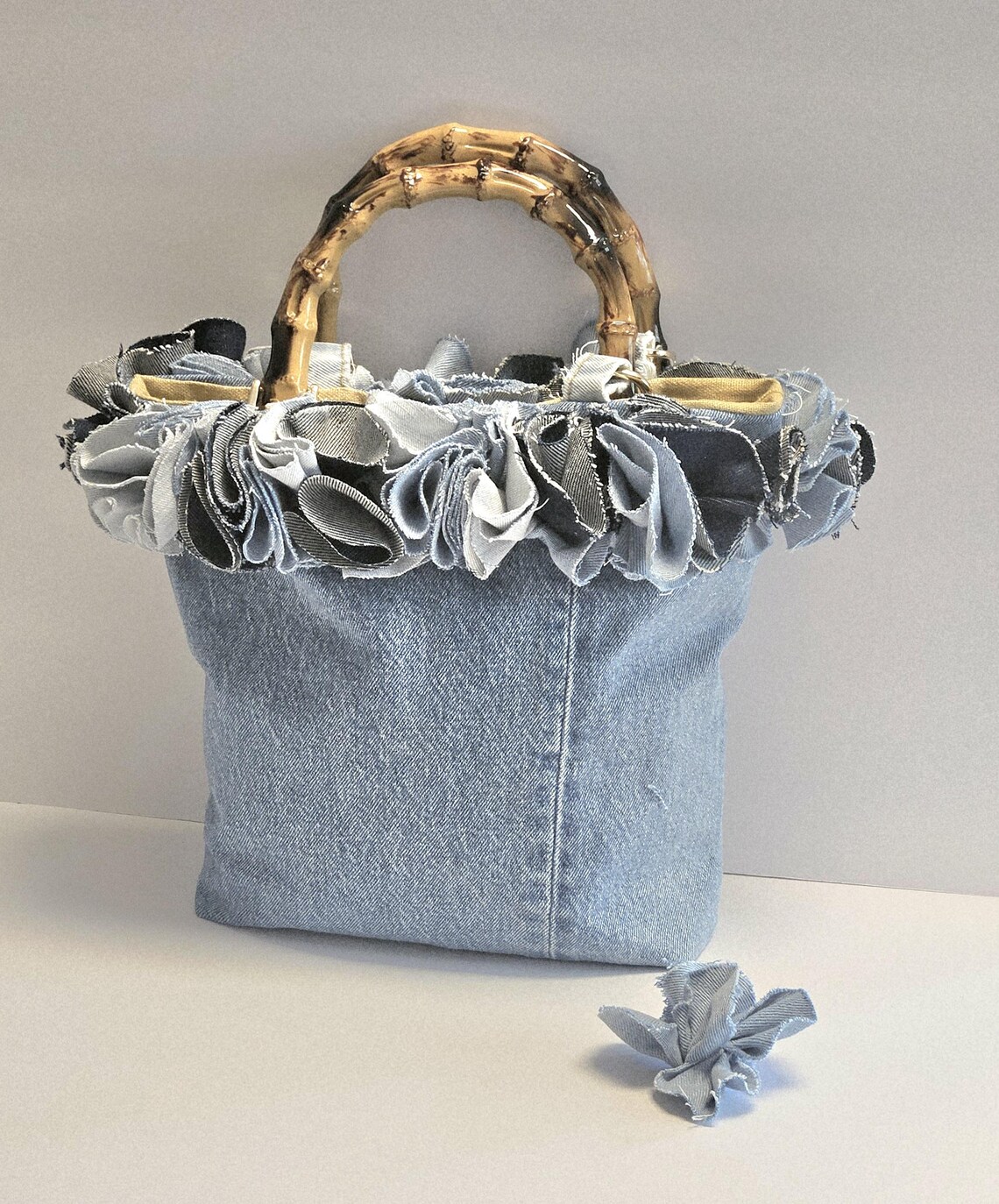Upcycled Denim Bag: Handmade Linen Lined Floral Purse, Ruffled Flowers ...