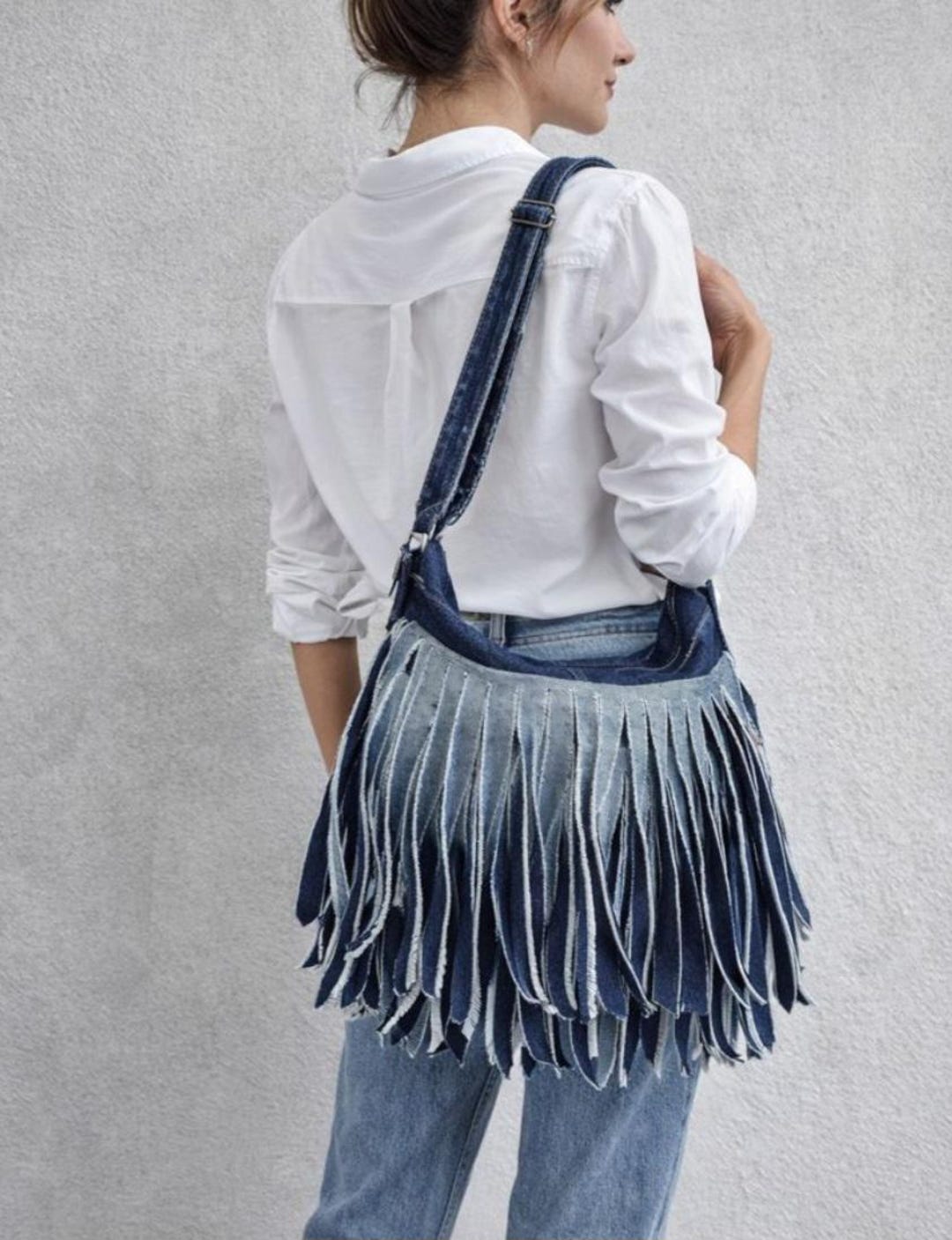 Upcycled Denim Fringed Shoulder Bag – Boho Chic Hobo Style Bag - Etsy