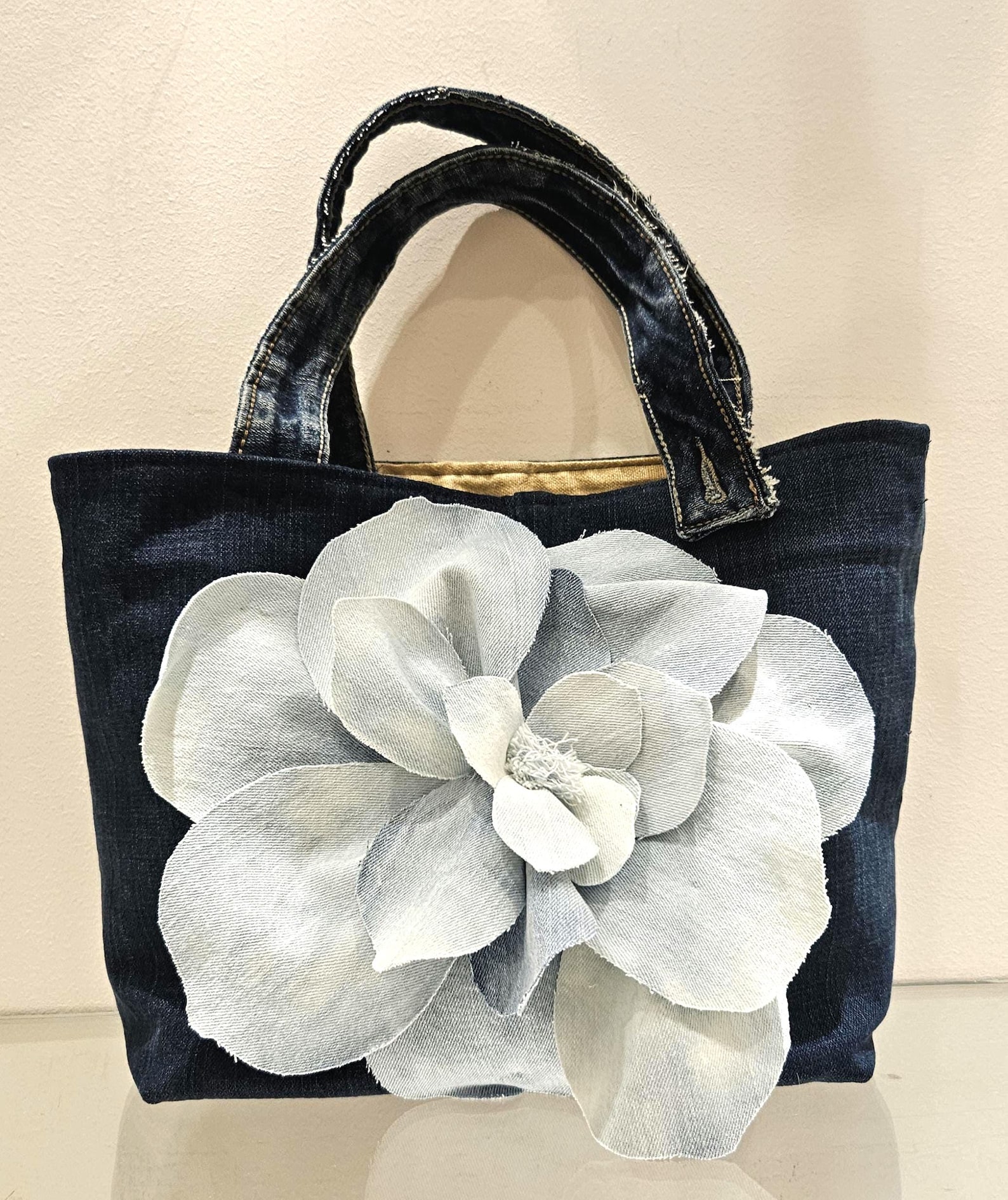 Upcycled Denim Tote Bag: Bleached Floral Applique, Linen Lined ...