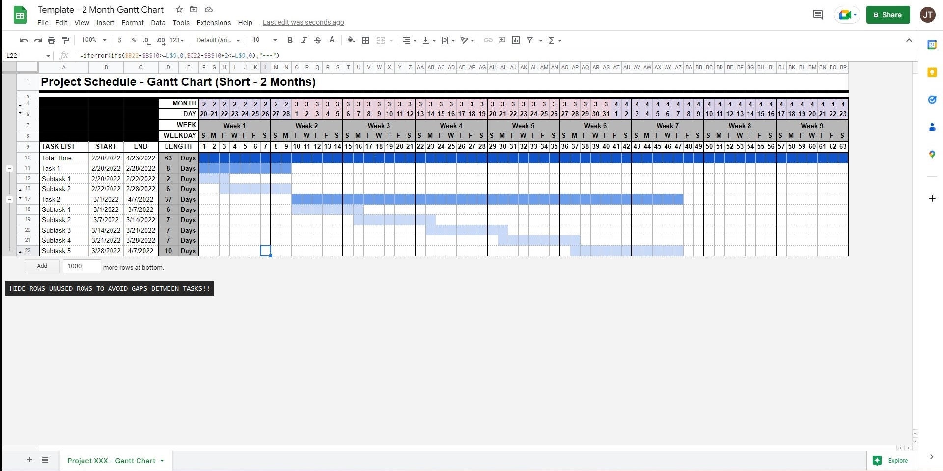 2M-4M-12M Gantt Chart Blue Bars Google Sheets Construction Development ...