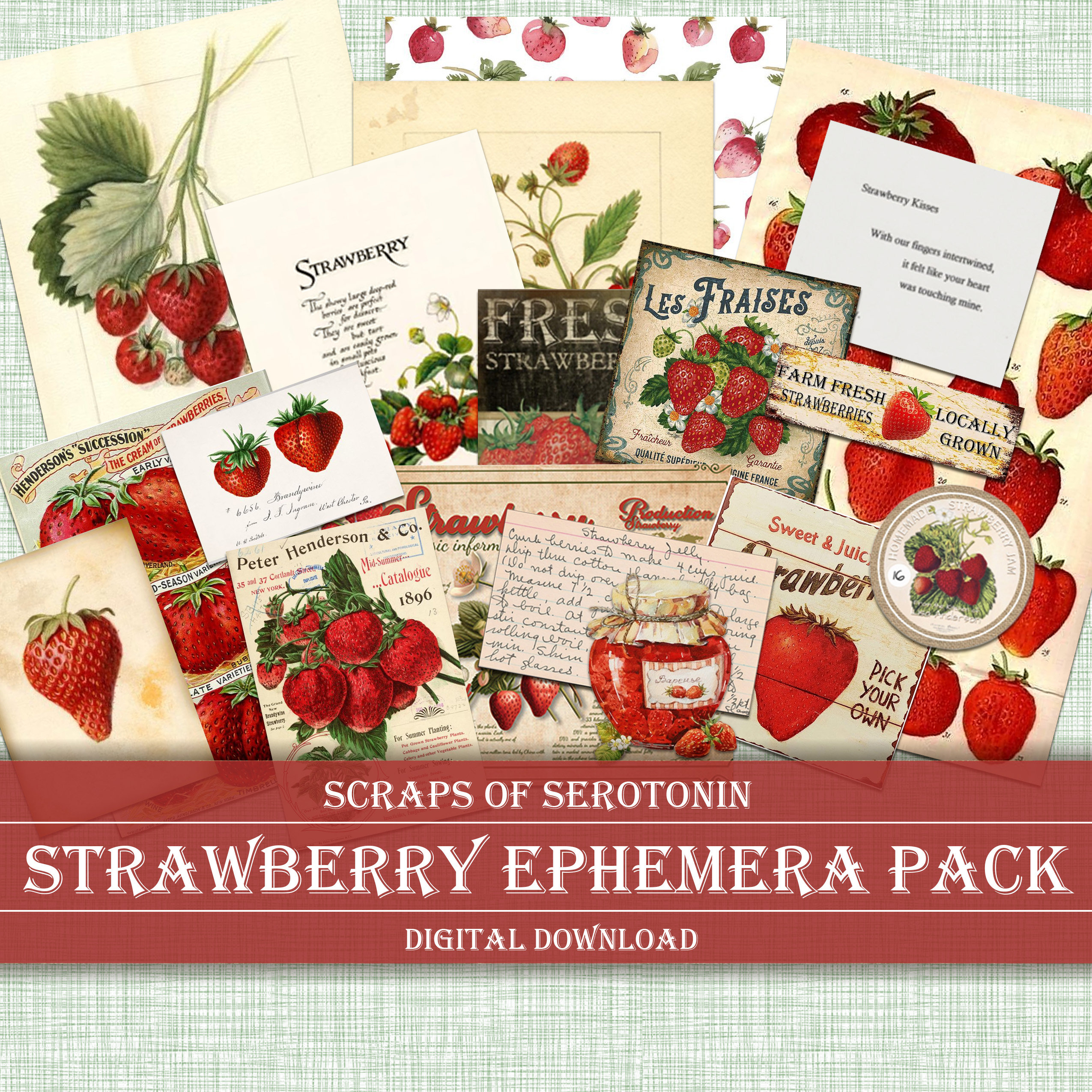 Junk Journal Ephemera, Strawberry, Scrapbook Digital Download ...