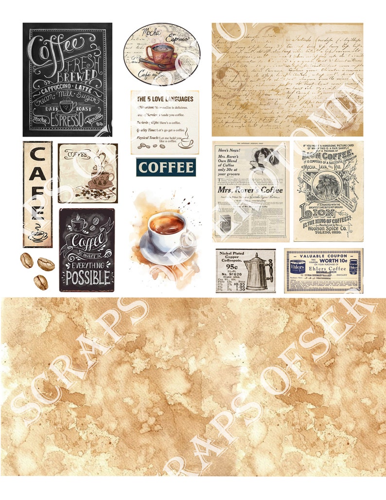 Junk Journal Ephemera, Coffee Shop, Scrapbook Digital Download ...