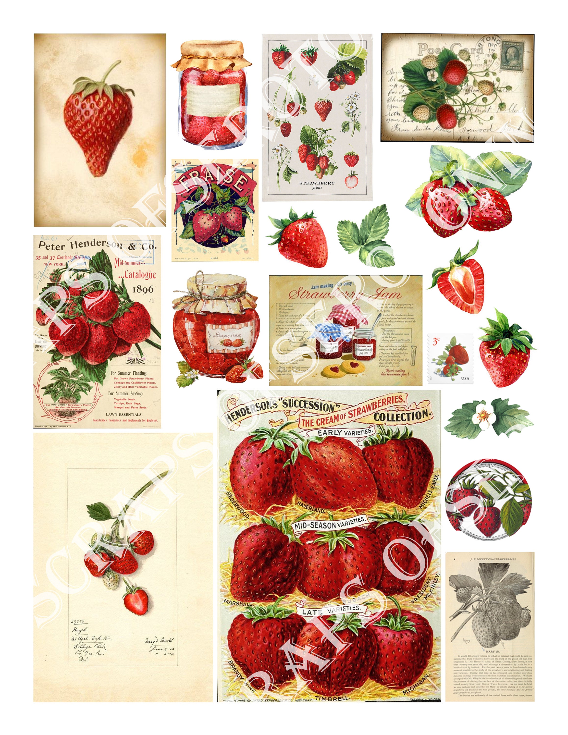 Junk Journal Ephemera, Strawberry, Scrapbook Digital Download ...