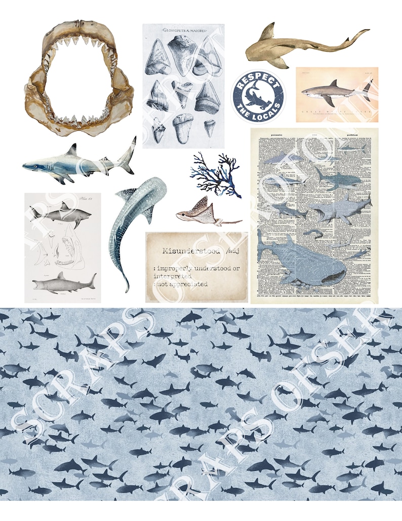 Junk Journal Ephemera, Shark, Collage, Scrapbooking Digital Download ...
