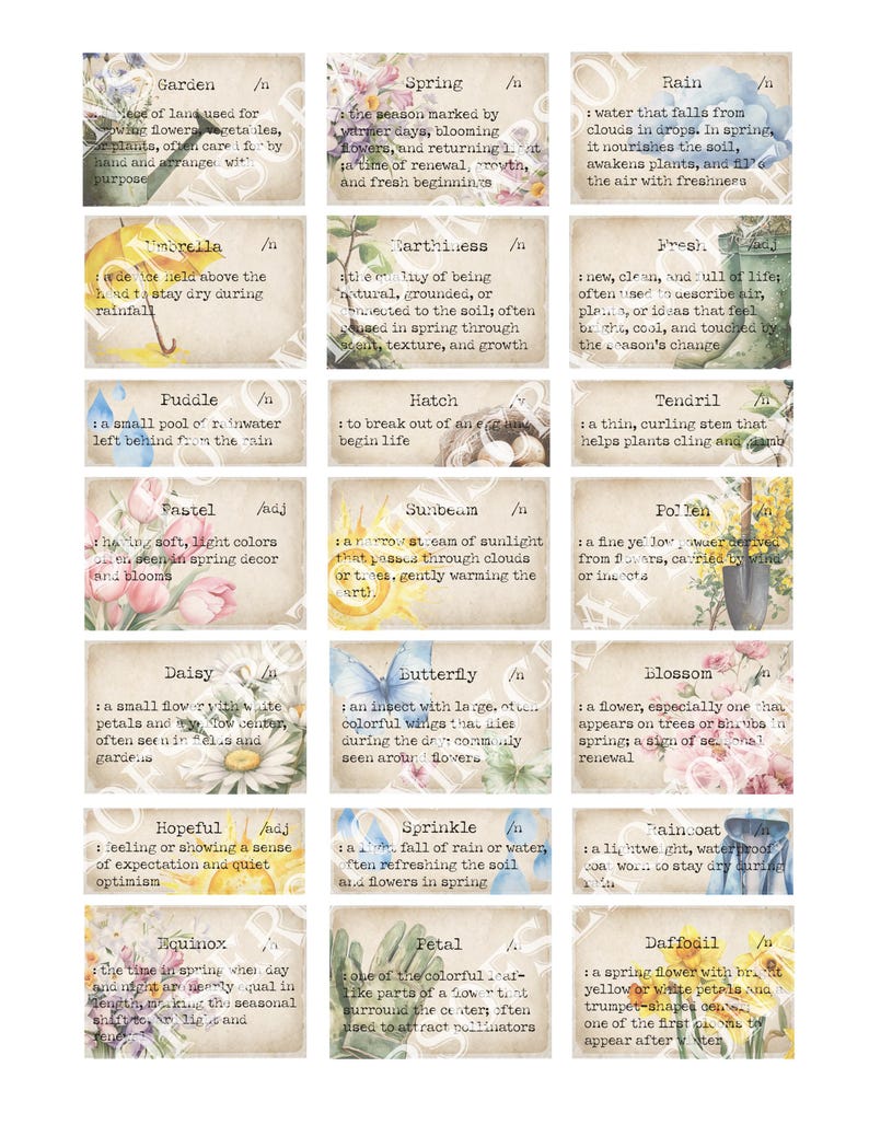 Digital Collage Sheet - Spring Dictionary Words, Junk Journal Ephemera ...