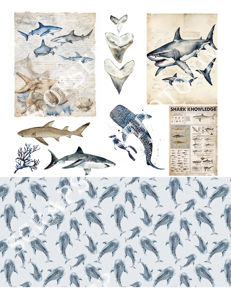 Junk Journal Ephemera, Shark, Collage, Scrapbooking Digital Download ...