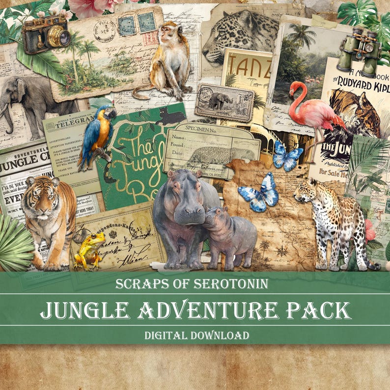 Jungle Adventure Junk Journal Kit, Rainforest Digital Ephemera, Safari ...