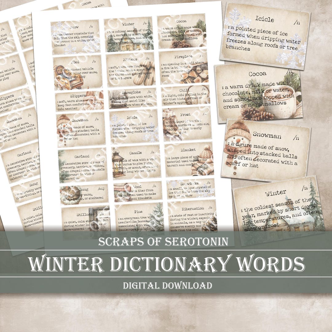 Digital Collage Sheet - Winter Dictionary Words, Junk Journal Ephemera ...