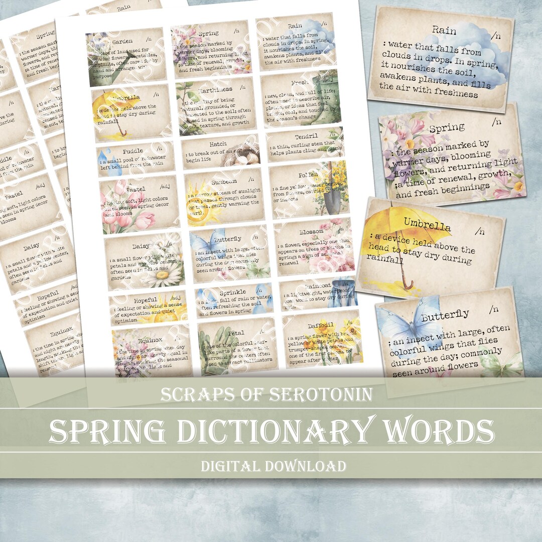 Digital Collage Sheet - Spring Dictionary Words, Junk Journal Ephemera ...