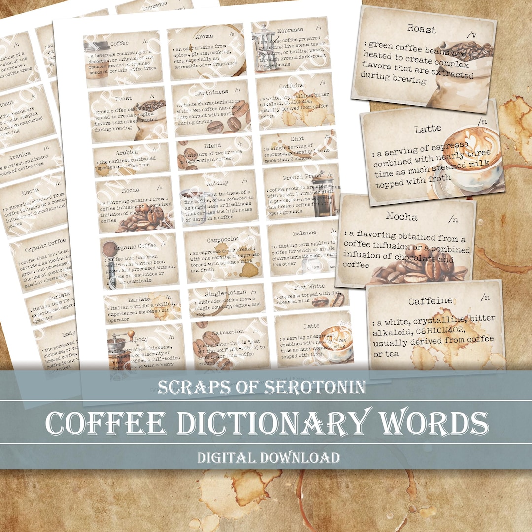Digital Collage Sheet - Coffee Dictionary Words, Junk Journal Ephemera ...
