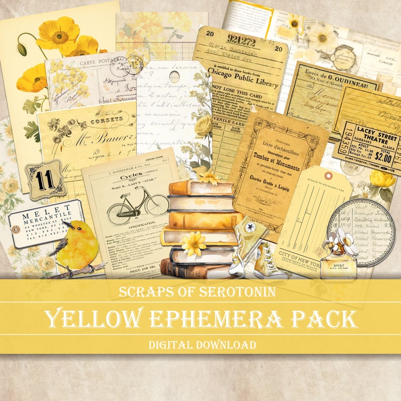 Junk Journal Ephemera, Yellow Aesthetic, Scrapbook Digital Download ...
