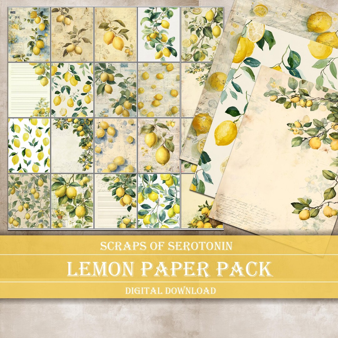 Lemon Paper Pack, Scrapbooking Kit, Vintage Art Collage Sheets (digital ...
