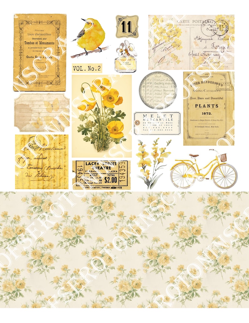 Junk Journal Ephemera, Yellow Aesthetic, Scrapbook Digital Download ...