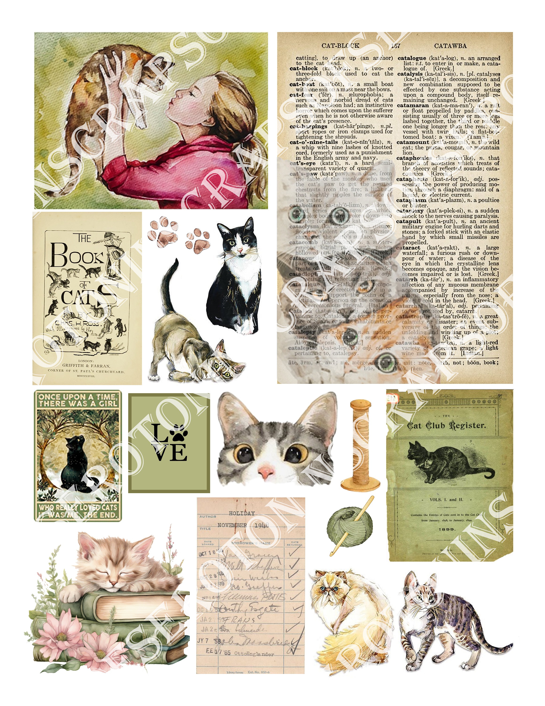 Junk Journal Ephemera, Cats, Scrapbook Digital Download, Journaling ...