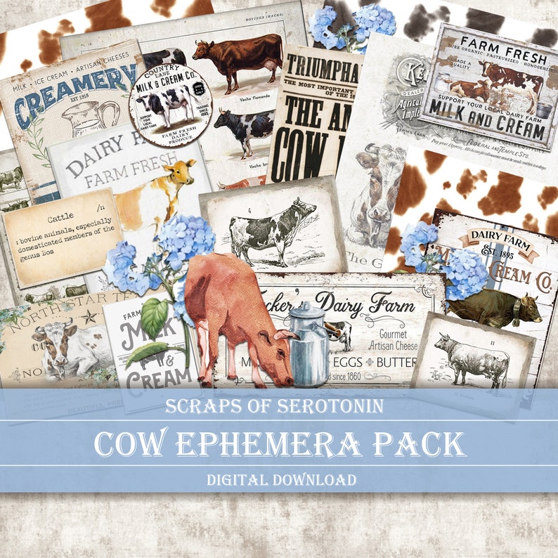 Junk Journal Ephemera, Cows, Scrapbook Digital Download, Journaling ...