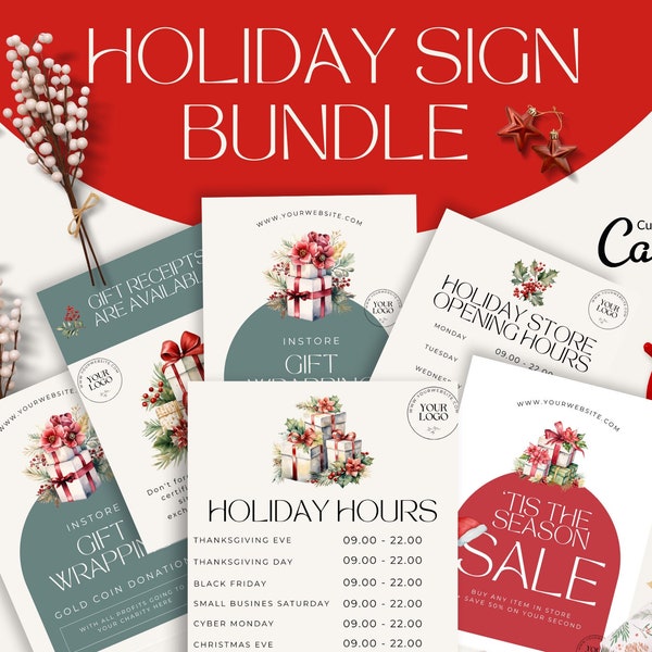 Christmas Sign Bundle Canva Template Holiday Business Hours Gift Return ...