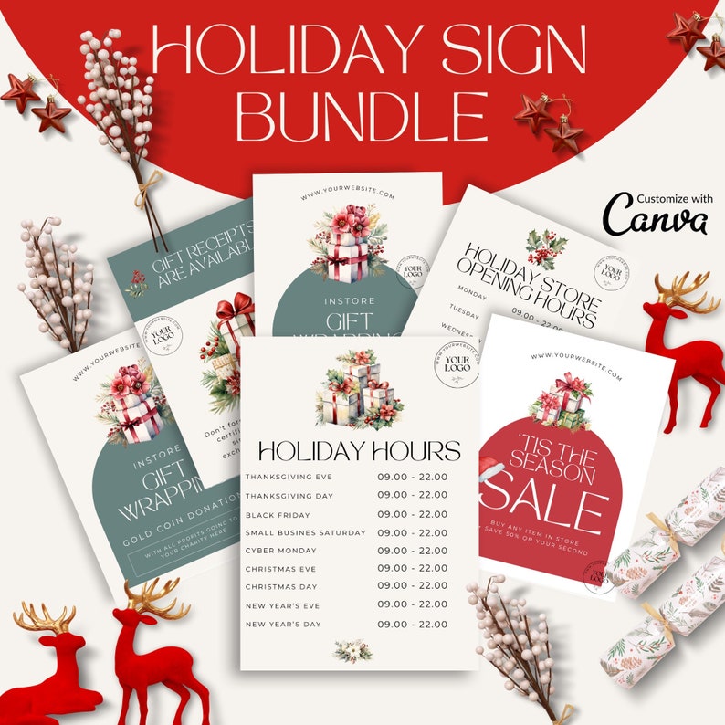 Christmas Sign Bundle Canva Template Holiday Business Hours Gift Return ...
