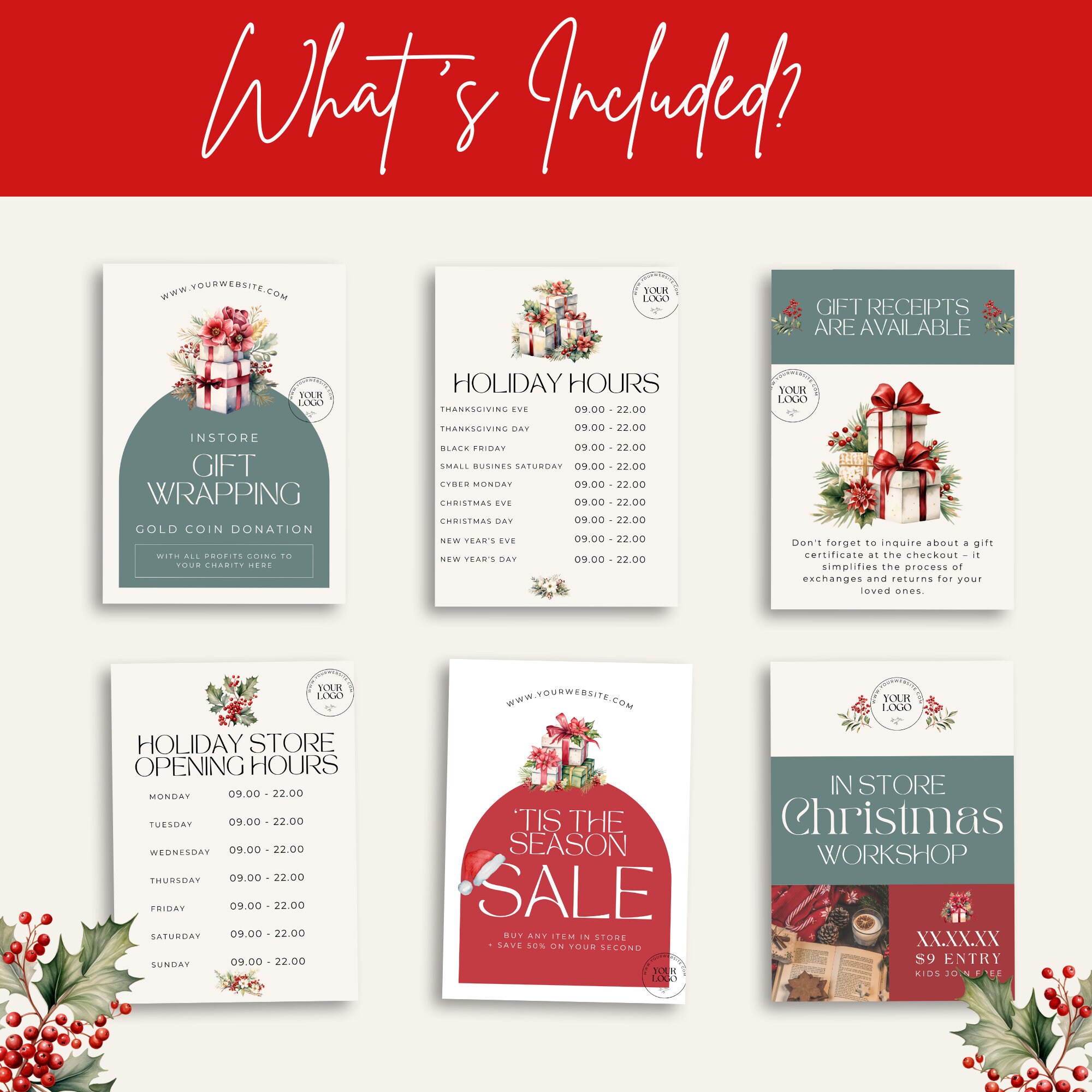 Christmas Sign Bundle Canva Template Holiday Business Hours Gift Return ...