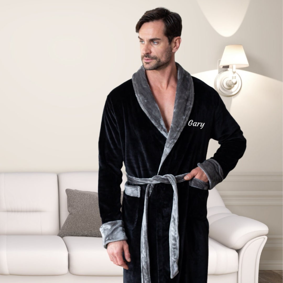 Personalized Men's Plush Shawl Robes Luxury Custom Embroidered Fleece ...